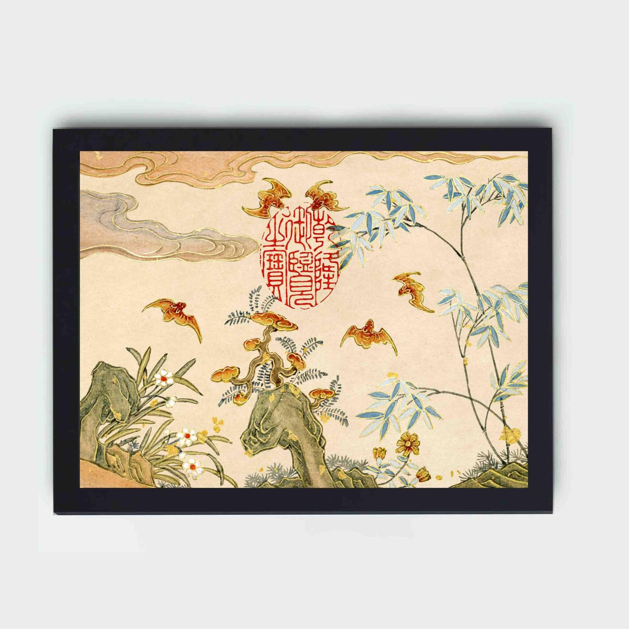 Infidu Bats, rocks, flowers oval calligraphy (18th Century) painting in ...